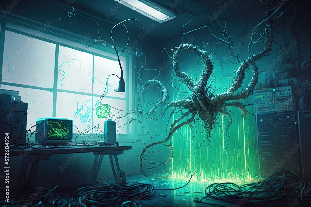 futuristic laboratory where creatures made out of metal and wires are ...