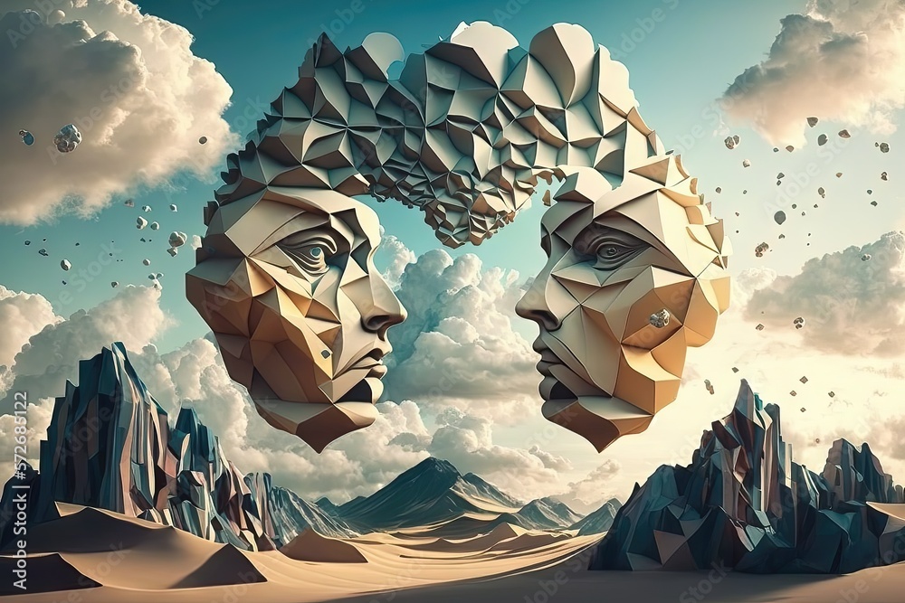 landscape made entirely out of floating geometric shapes, with a sky ...