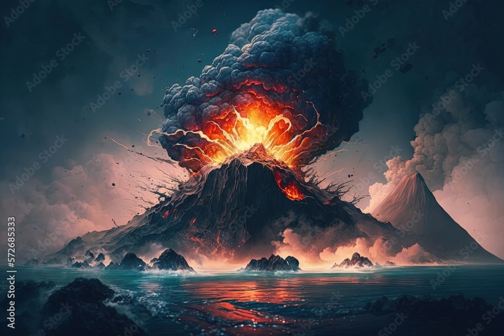 volcano erupting underwater, with lava flowing into the ocean ...