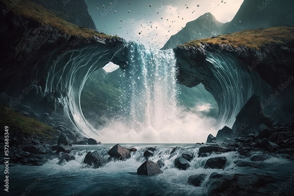 waterfall that flows upwards instead of down, with the water droplets ...