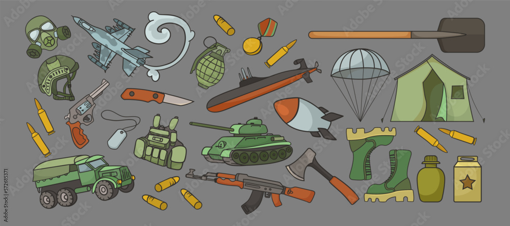 Military weapons and equipment vector illustrations set. Cartoon ...
