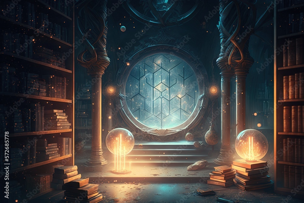 mystical library filled with ancient tomes and magical artifacts, with glowing runes etched into ...