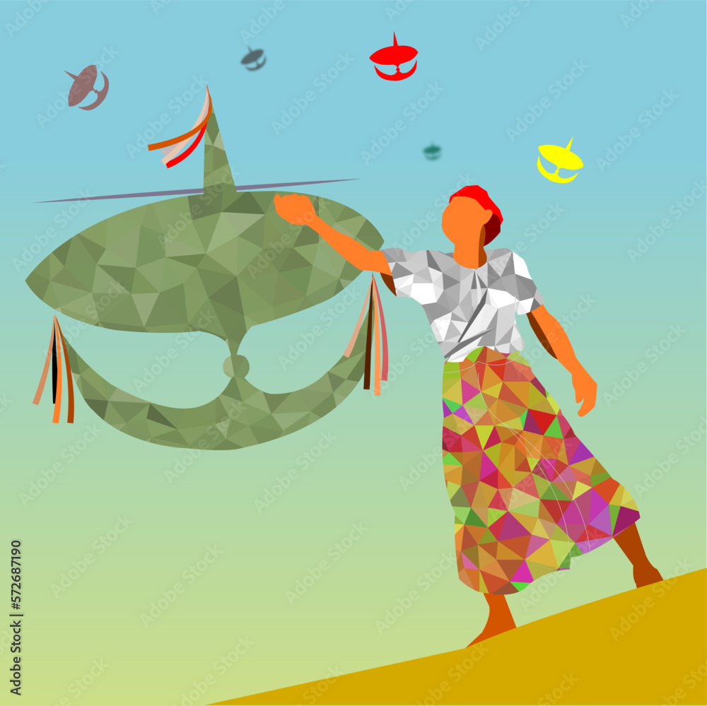 Vector of a man in traditional dress holding a traditional wau from the ...