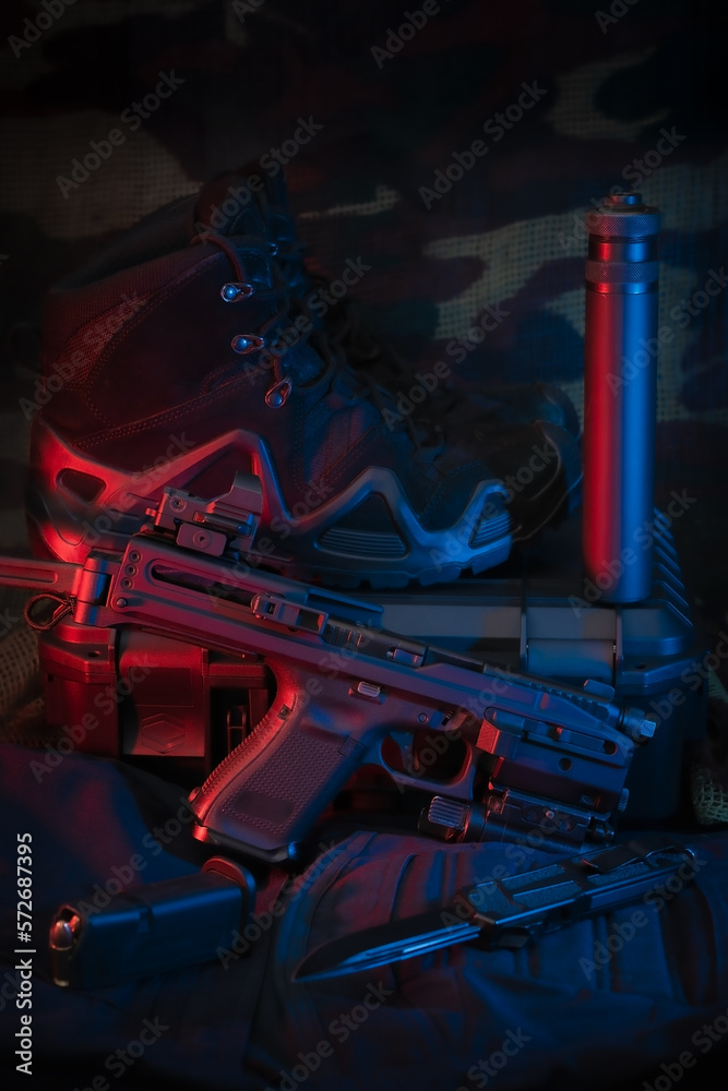 Tactical equipment and 9mm pistol in conversion kit, pistol, knife and ...