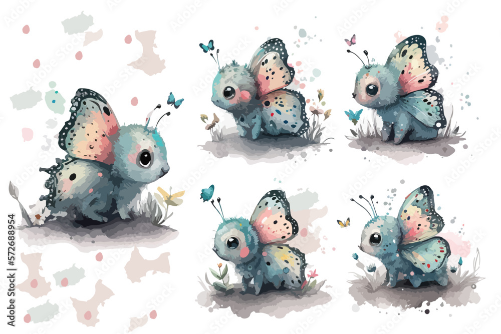 cute doodle a butterfly with watercolor illustration set Stock Vector ...