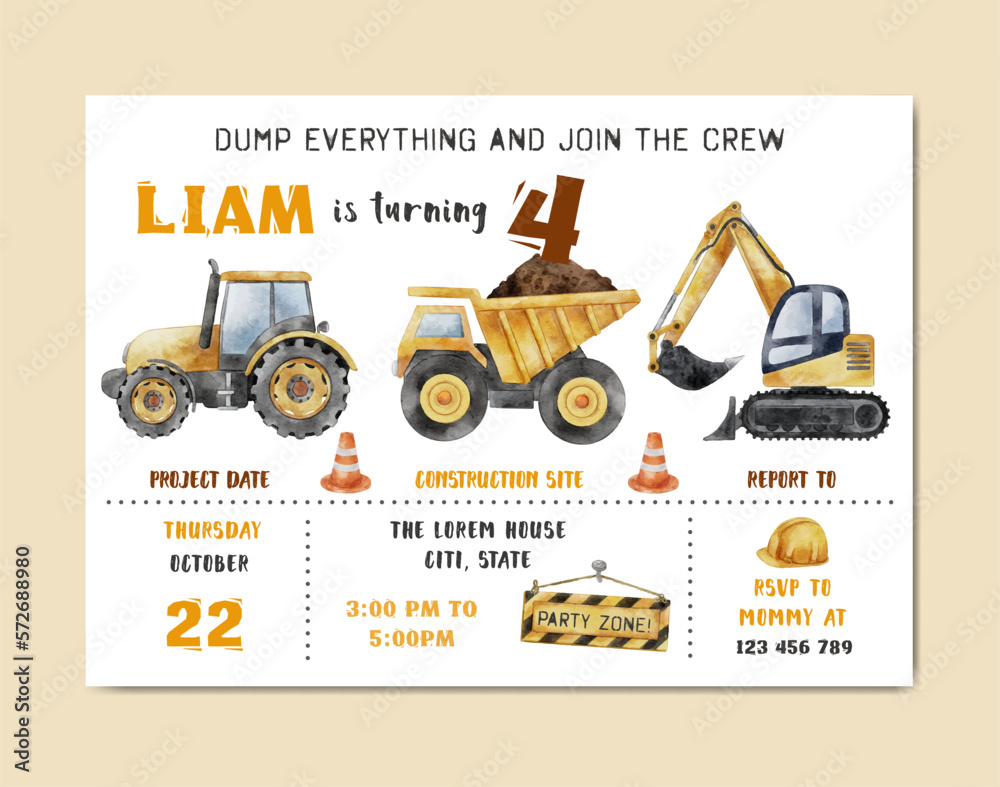 Construction Birthday Watercolor Invitation Card template background ...