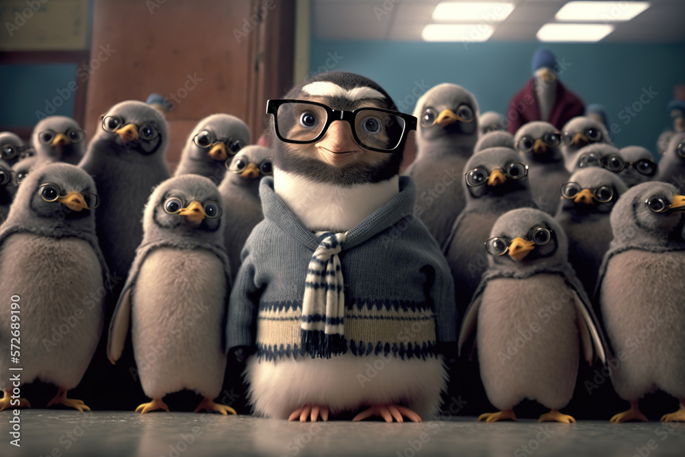 A penguin with glasses dressed as a teacher stands in classroom ...