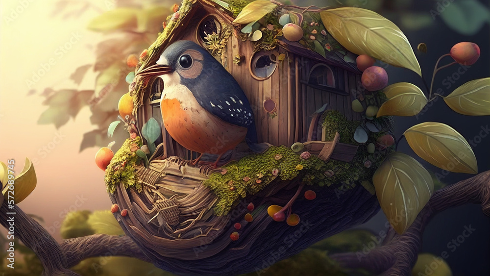 cartoon bird on tree in nest cage Stock Illustration | Adobe Stock