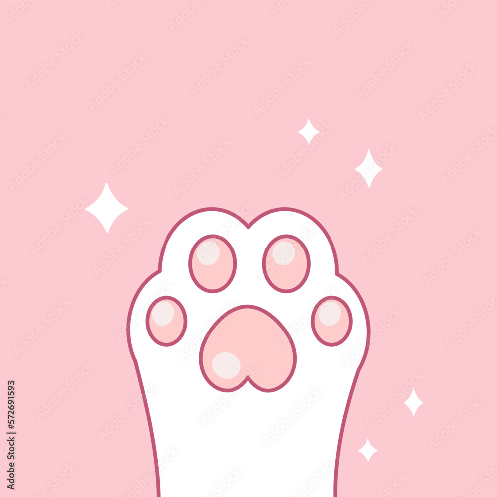 Cute kawaii cartoon soft cat paw vector illustration on pastel pink background with sparkles ...