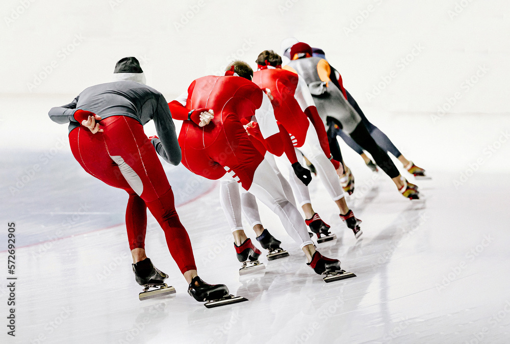 group man athletes skaters warm up during speed skating competition ...