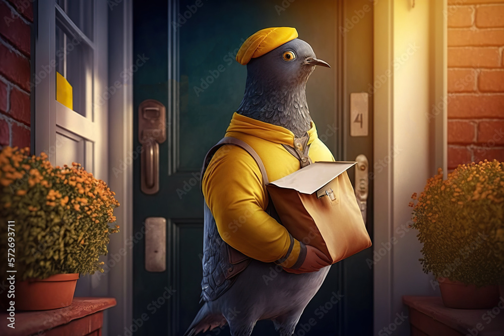 A pigeon in a yellow postman uniform delivers a package, concept of ...