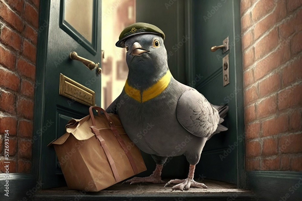 A pigeon in a yellow postman uniform delivers a package, concept of ...