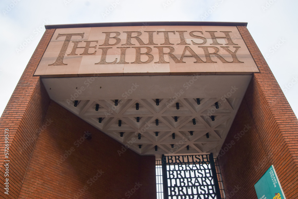 General view of the sign at The British Library, on February 9 2023 in ...