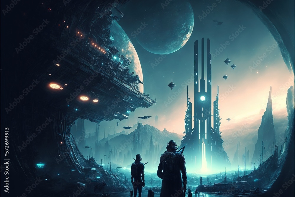 A man in a post-apocalyptic city. Cyberpunk world of the future, neural ...