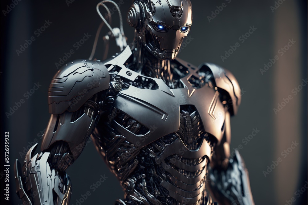 Beautiful metal robot. Cyberpunk world of the future, neural networks ...