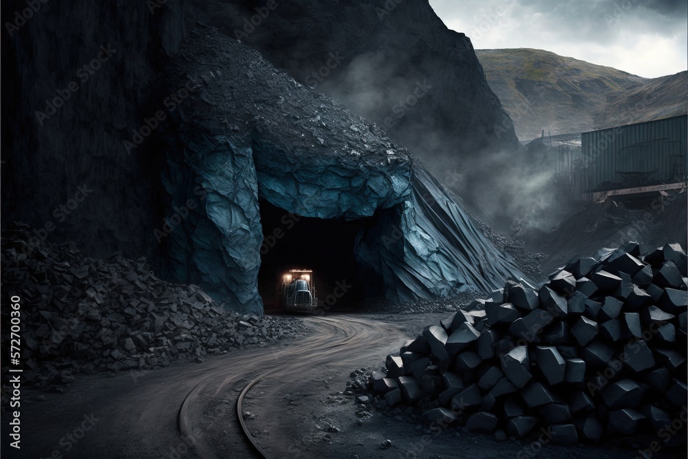 Coal mining illustration. Fuel, mine, wood, miner, rails, trolley ...