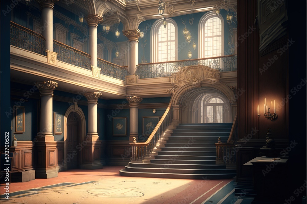 Entrance hall in Gothic style. Ancient monument, castle, luxurious view ...