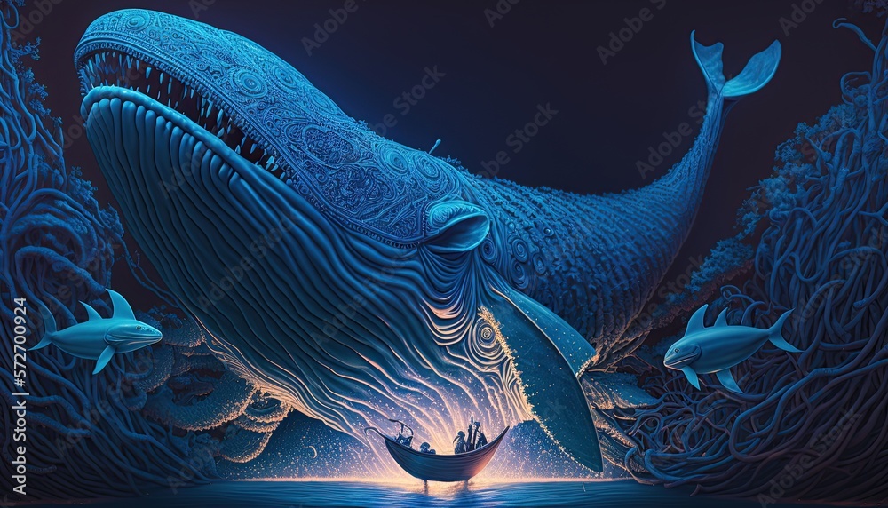 Blue whale with a boat underneath, symbolizing the story of Jonah and ...