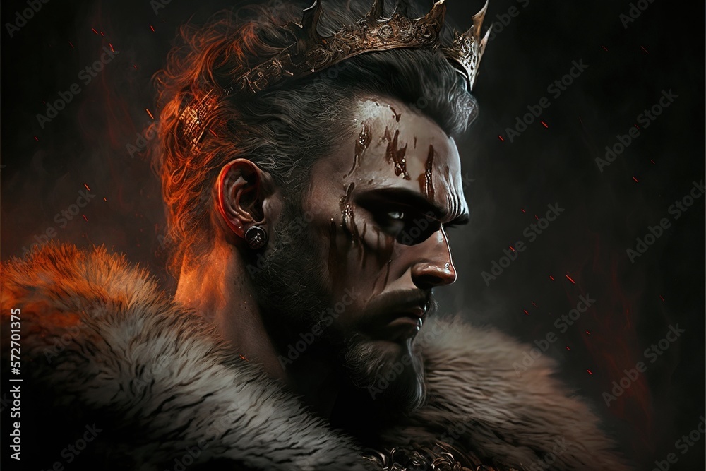 Young king in a crown on a gradient background. Leader, combat makeup ...