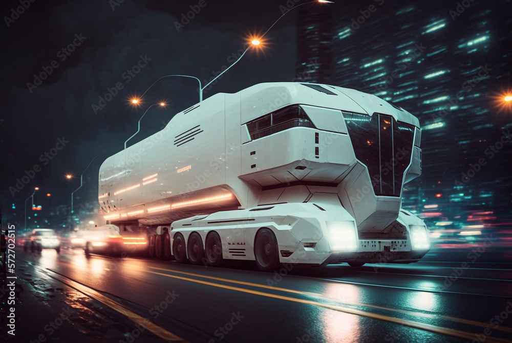 abstract futuristic big truck on road, fictional vehicle and location ...