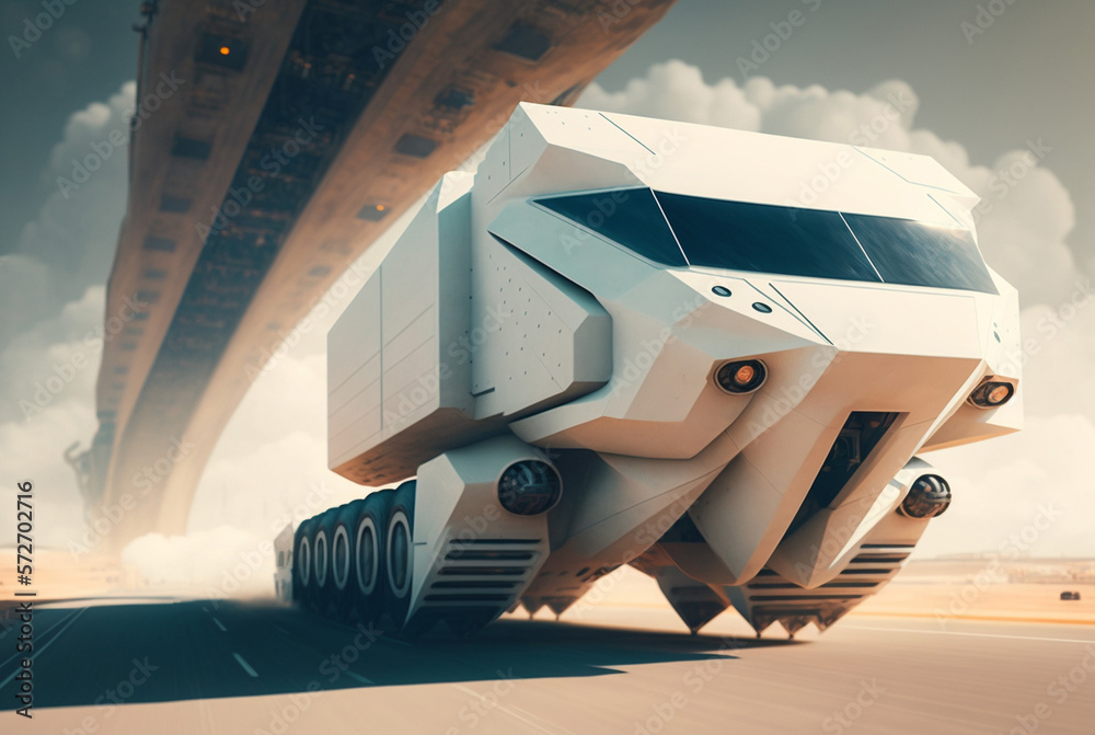 abstract futuristic big truck on road, fictional vehicle and location ...