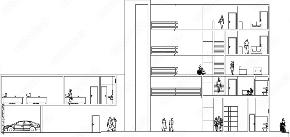 Vector sketch illustration of modern minimalistic building section ...