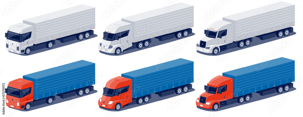 Types of semi semi truck with trailer isolated on white background. EU ...