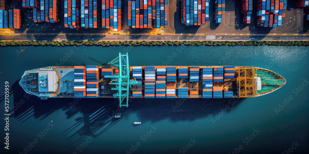 container ship with world map digital network, shipping import export ...