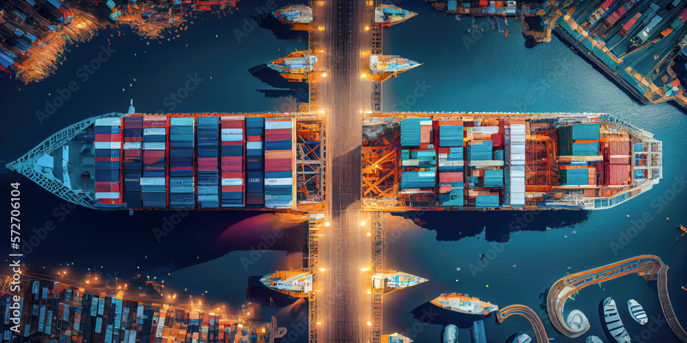 container ship with world map digital network, shipping import export ...