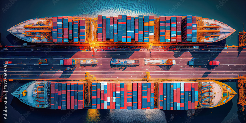 container ship with world map digital network, shipping import export ...