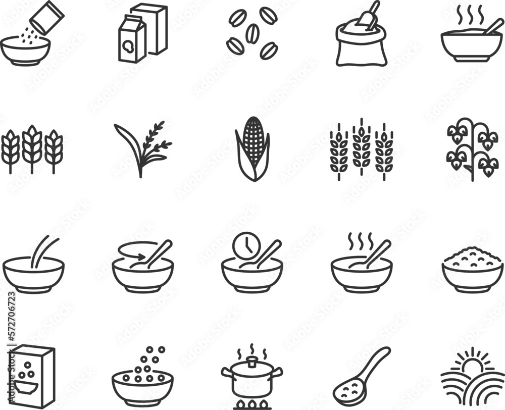 Vector set of cereals line icons. Contains icons porridge, cereal ...