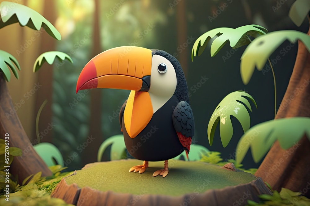 Cute Cartoon Colorful Toucan in the Jungle (Created with Generative AI) Stock Illustration ...