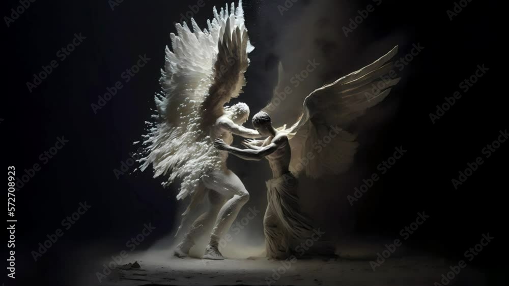 A fight against good versus evil. An angel is fighting a demon. 3D ...