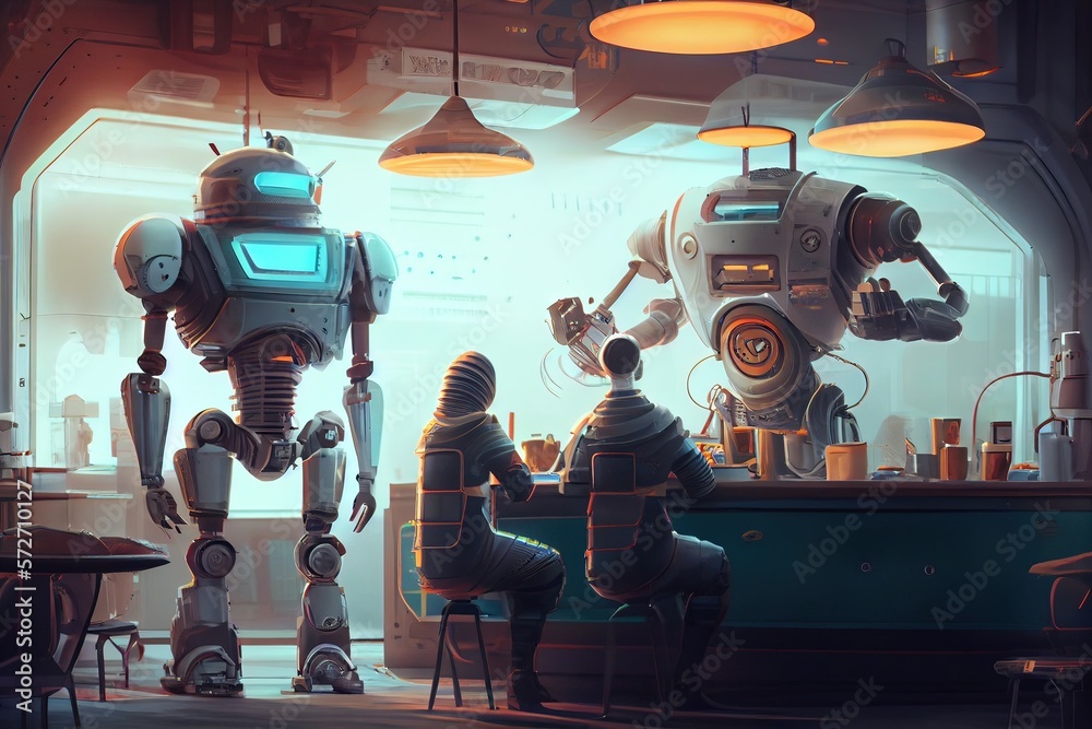 Generative AI illustration of a futuristic robot cafe with a wide range ...