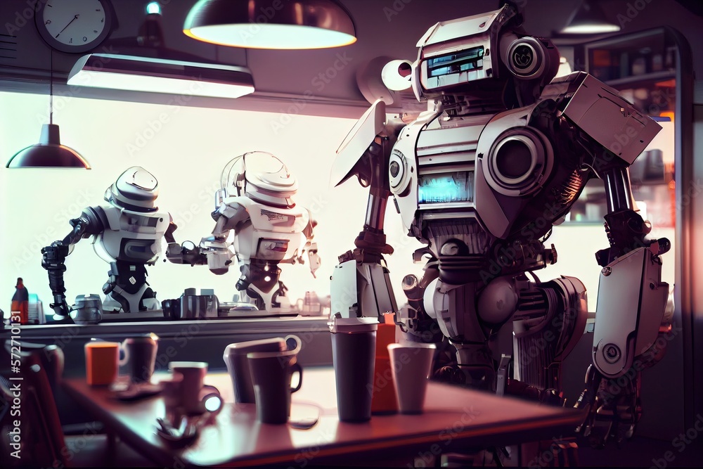 Generative AI illustration of a futuristic robot cafe with a wide range of robot customers ...