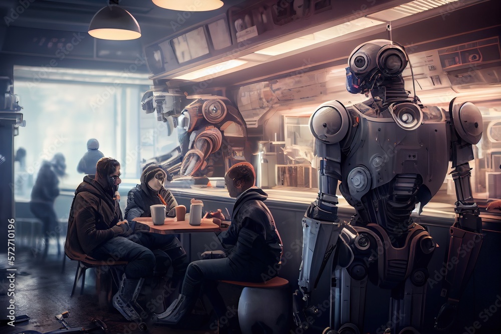 Generative AI illustration of a futuristic robot cafe with a wide range ...