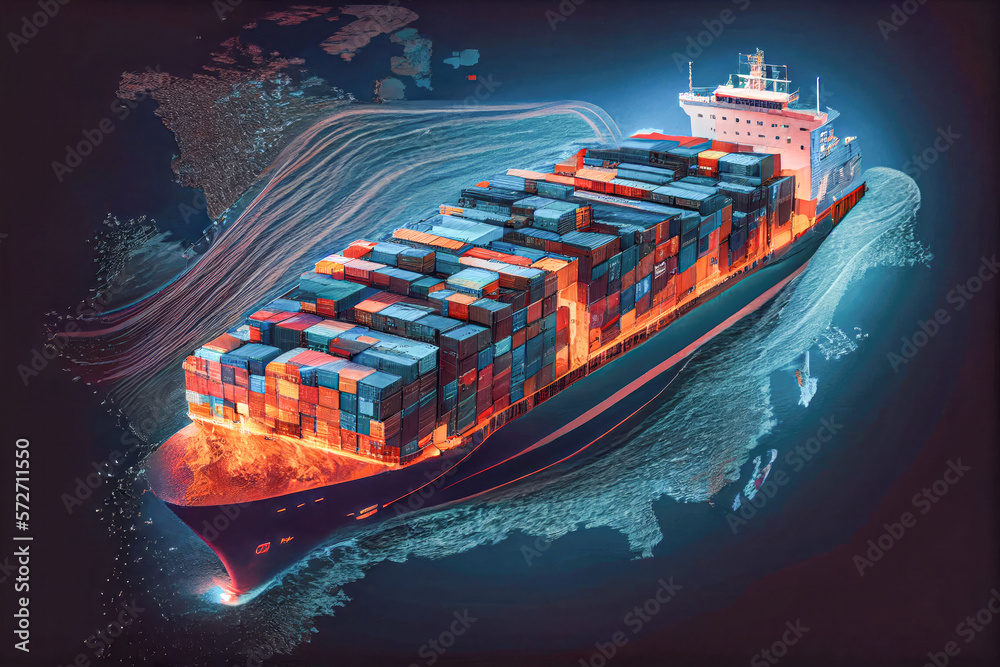 container ship with world map digital network, shipping import export ...