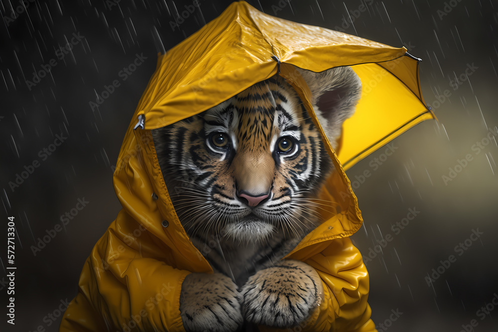 cute tiger cub in the rain wearing a yellow raincoat with built in ...
