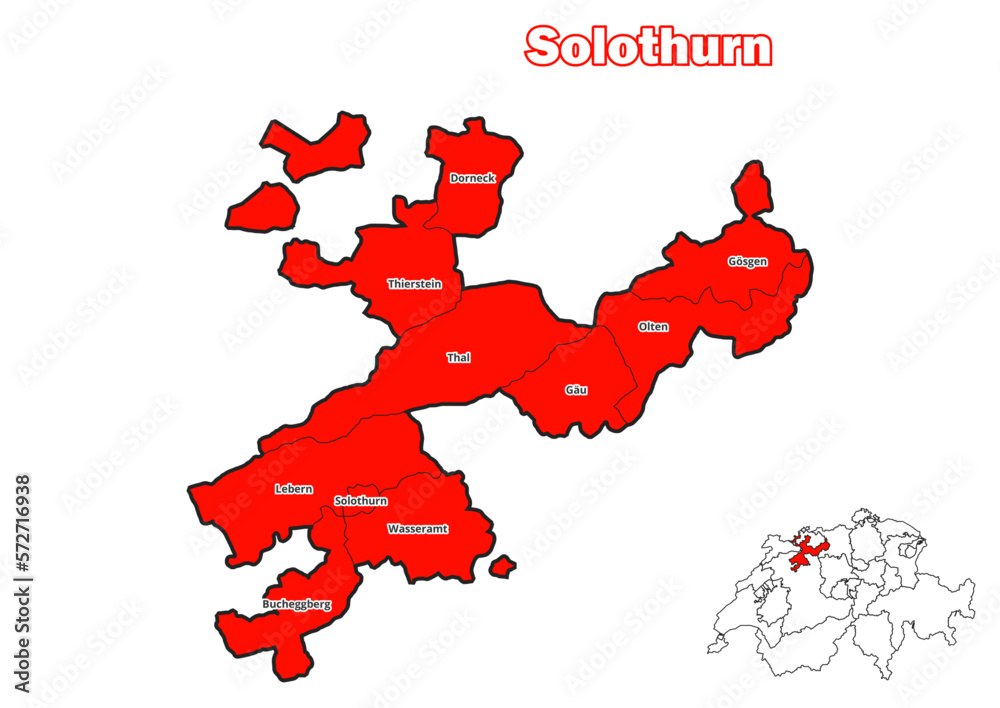 Karte des Kanton Solothurn mit Bezirksnamen und Standort auf der Karte ...