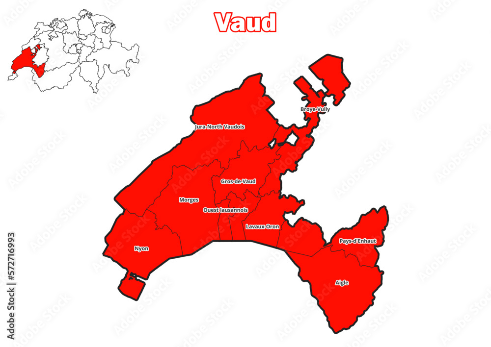 Karte des Kanton Vaud mit Bezirksnamen und Standort auf der Karte der ...