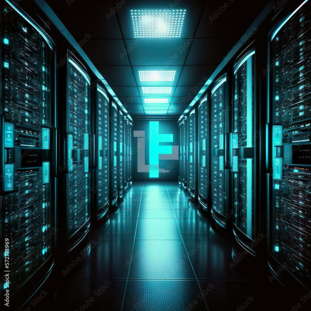 Server room. Supercomputer data center, image generated by artificial ...