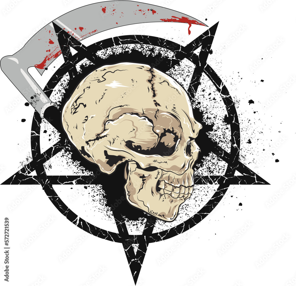 vector illustration of a skull above a pentagram with the scythe of ...