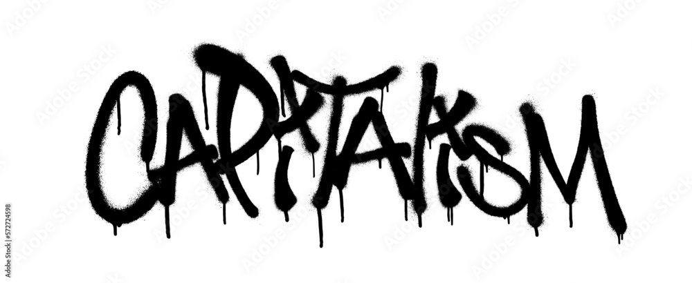 Sprayed capitalism font graffiti with overspray in black over white ...