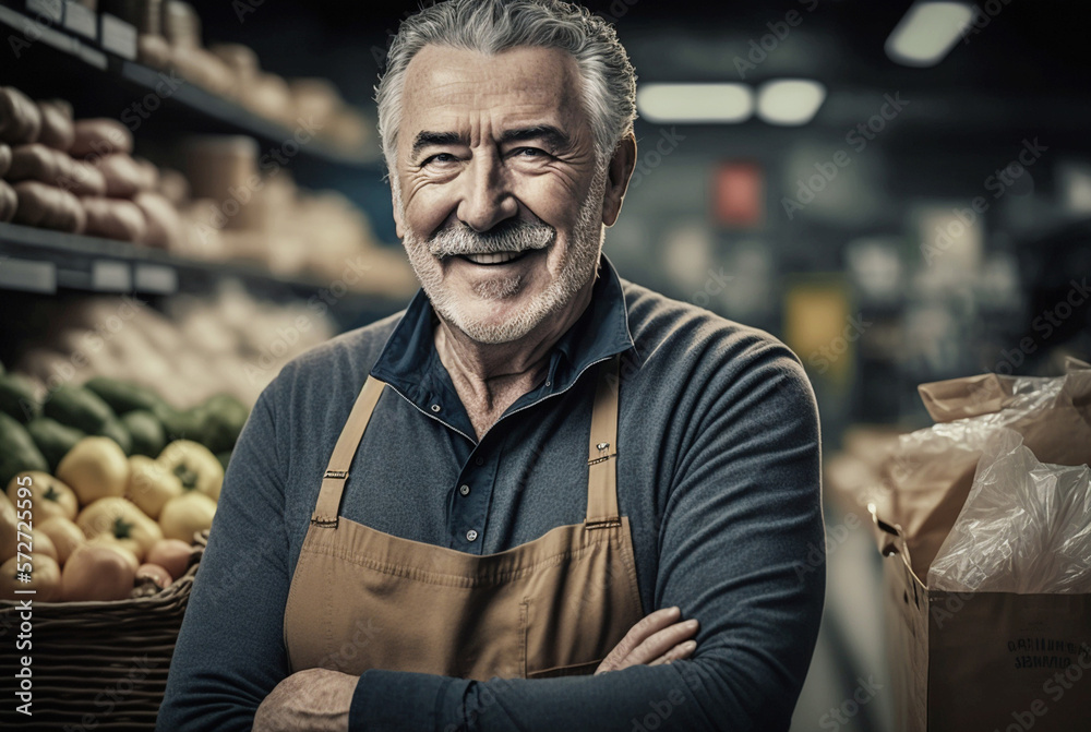 Grocery store and an employee or owner, old man works in a supermarket ...