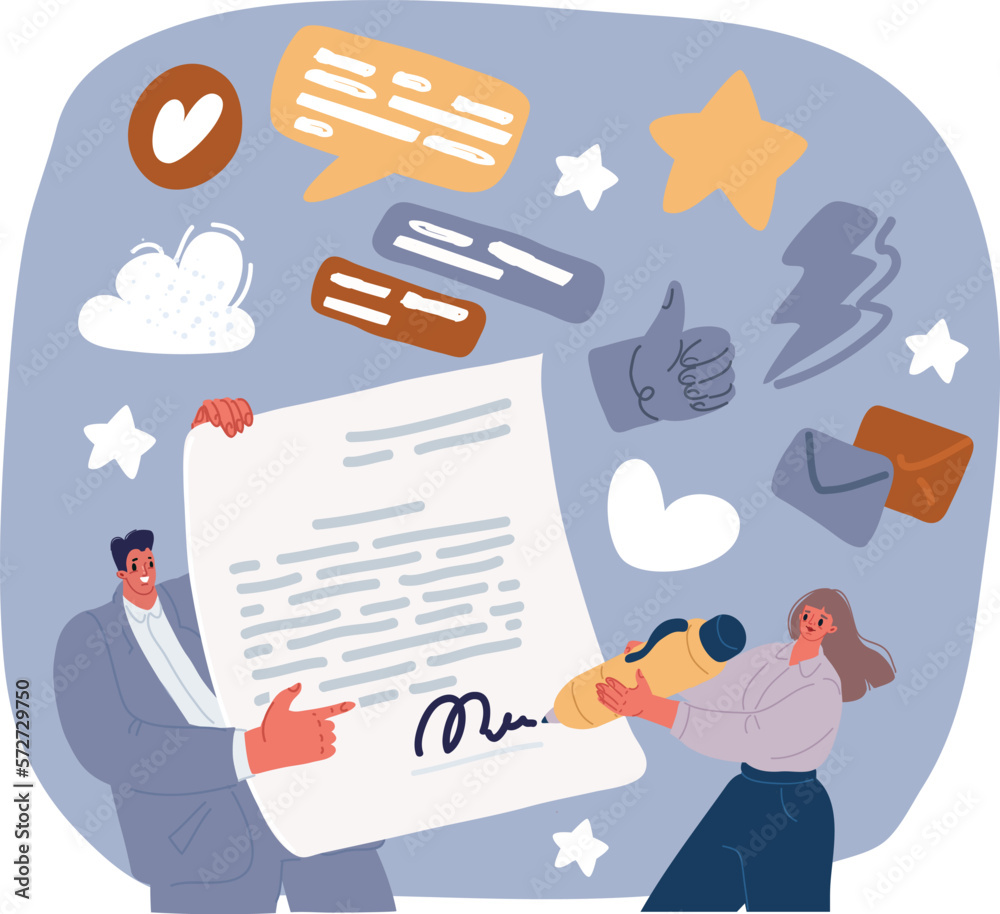 Vector illustration of People signing paper and digital contract. Set ...