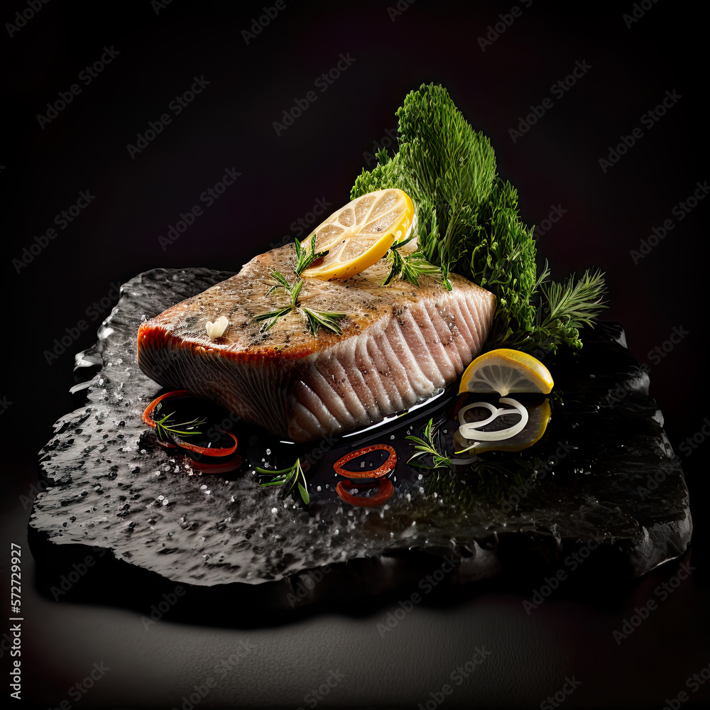 Grilled Fish Fillet on top of stone with Garlic, Rosemary and slices of ...