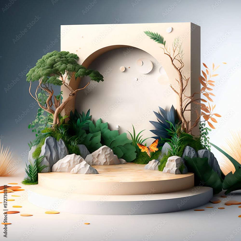 3D Stage with wild nature scenario with trees, flora, and a pedestal ...