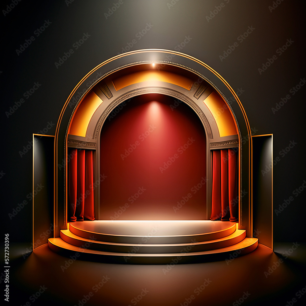 Red and golden 3D Stage like the entrance arch of a theater. Scenario ...