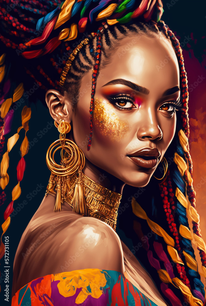 Beautiful African American Woman With Braided Hair Illustration Fictional Character Pop Art