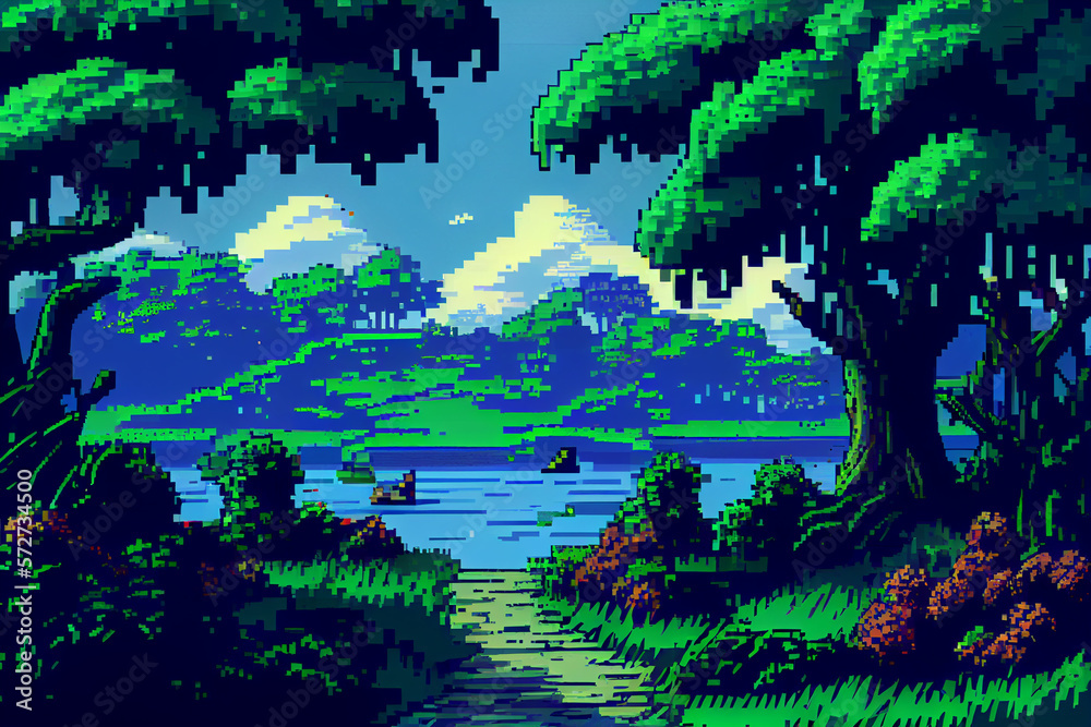 Video game background landscape with mountains and forests in 16 bit ...